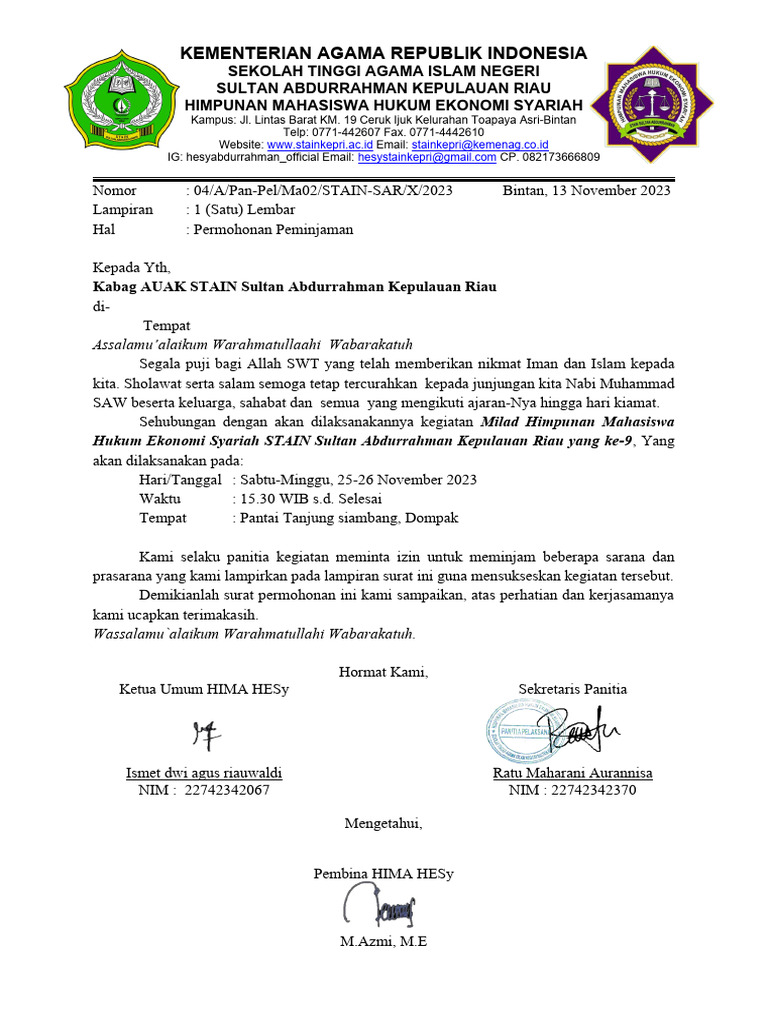 Surat Peminjaman Sarana Dan Prasana STAINSAR | PDF