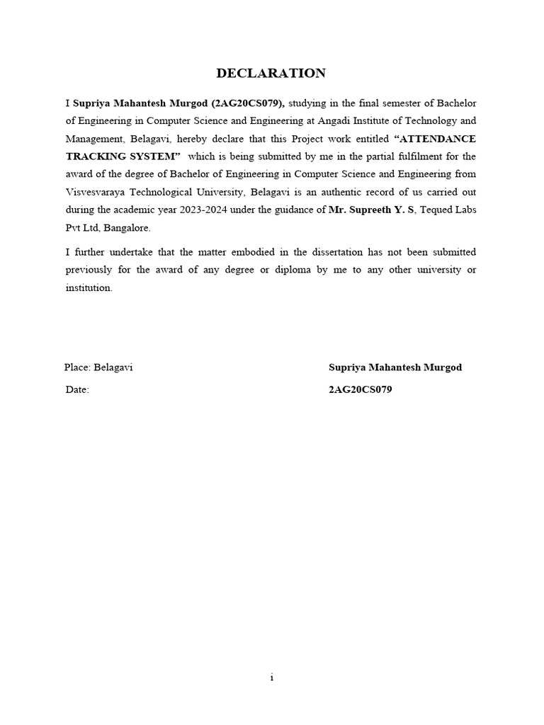 Declaration: TRACKING SYSTEM" Which Is Being Submitted by Me in The ...