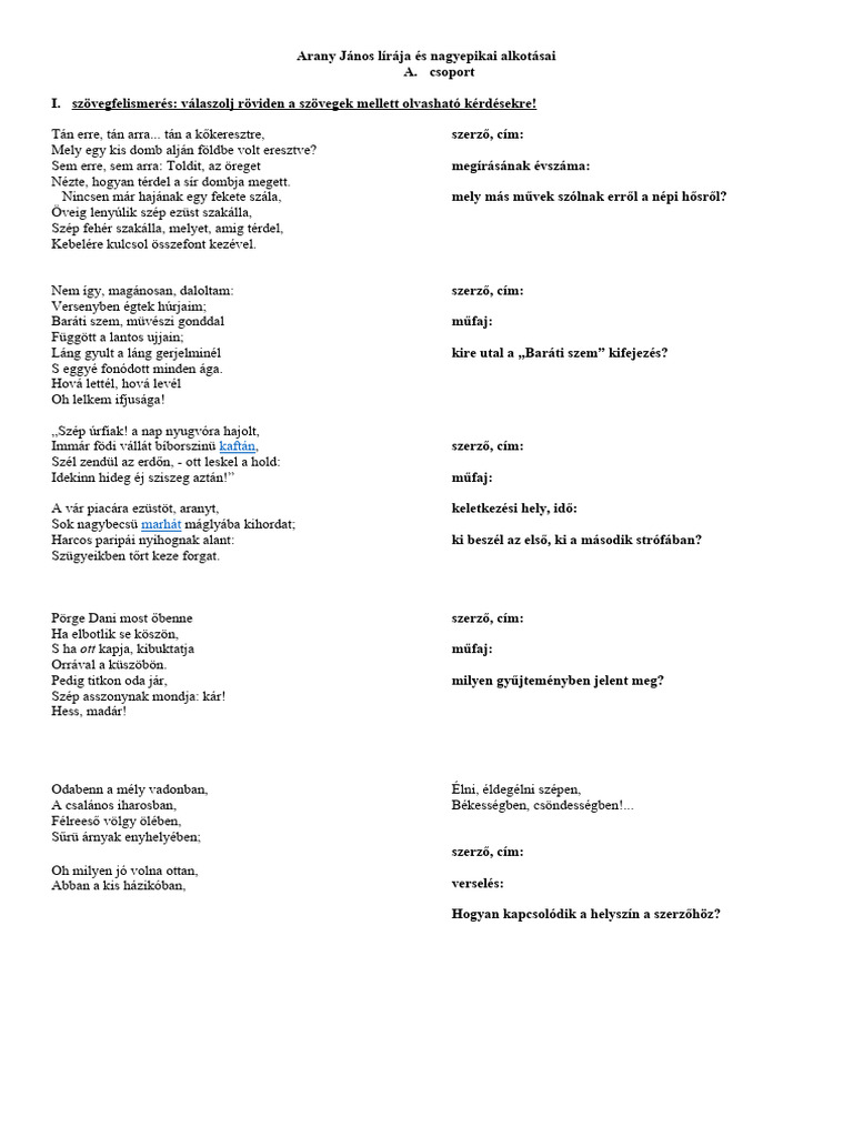 Magyar Irodalom 11. - I. Fejezet A | PDF