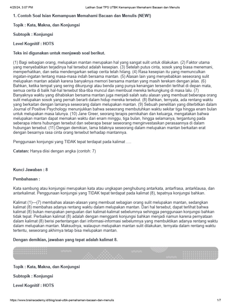 Latihan Soal TPS UTBK Kemampuan Memahami Bacaan Dan Menulis | PDF