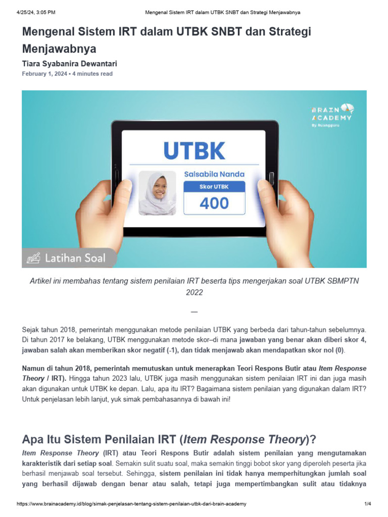 Mengenal Sistem IRT Dalam UTBK SNBT Dan Strategi Menjawabnya | PDF