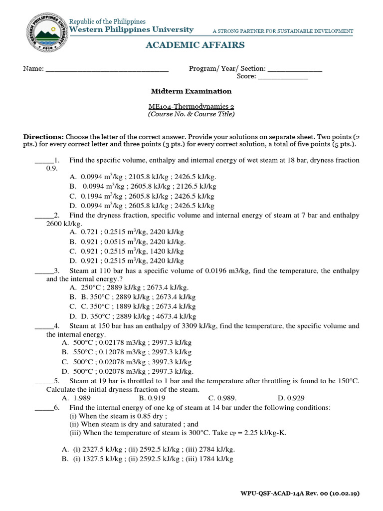 Thermo 2 Midterm | PDF | Steam | Enthalpy