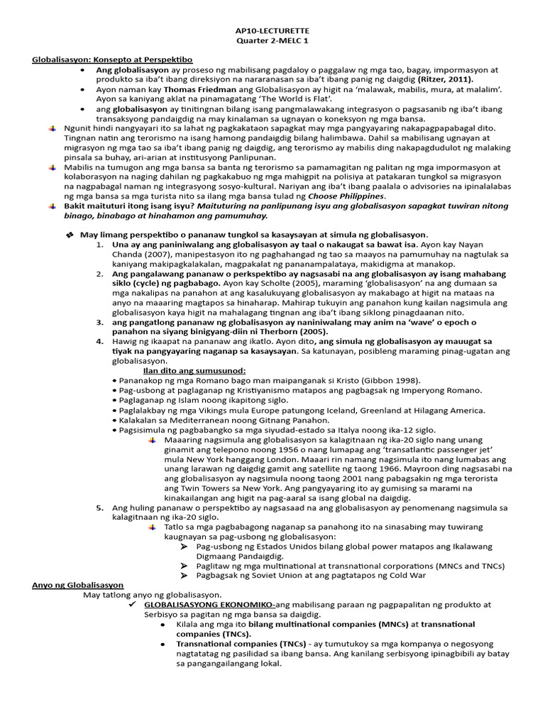 AP10 Lecturette Q2 MELC 1 | PDF