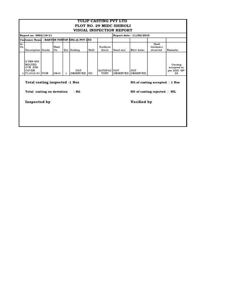 Visual Inspection Reports Format No. SKMF-F - 49 | PDF | Metals ...