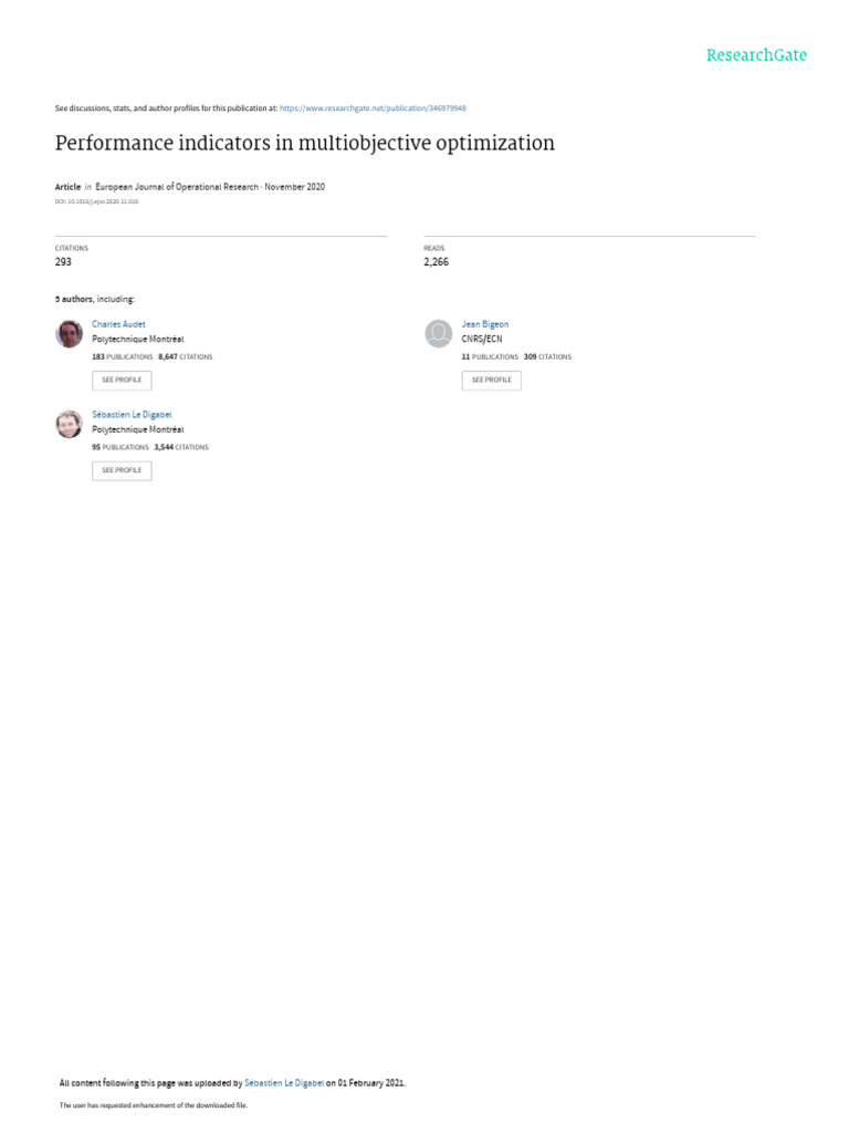Performance Indicators in Multiobjective Optimization: European Journal of Operational Research ...