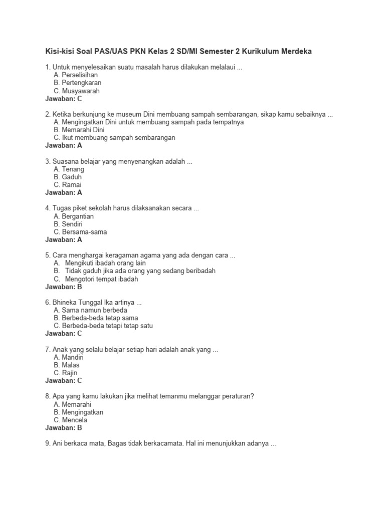 Kisi-Kisi Soal PAS UAS PKN Kelas 2 SD MI Semester 2 Kurikulum Merdeka | PDF