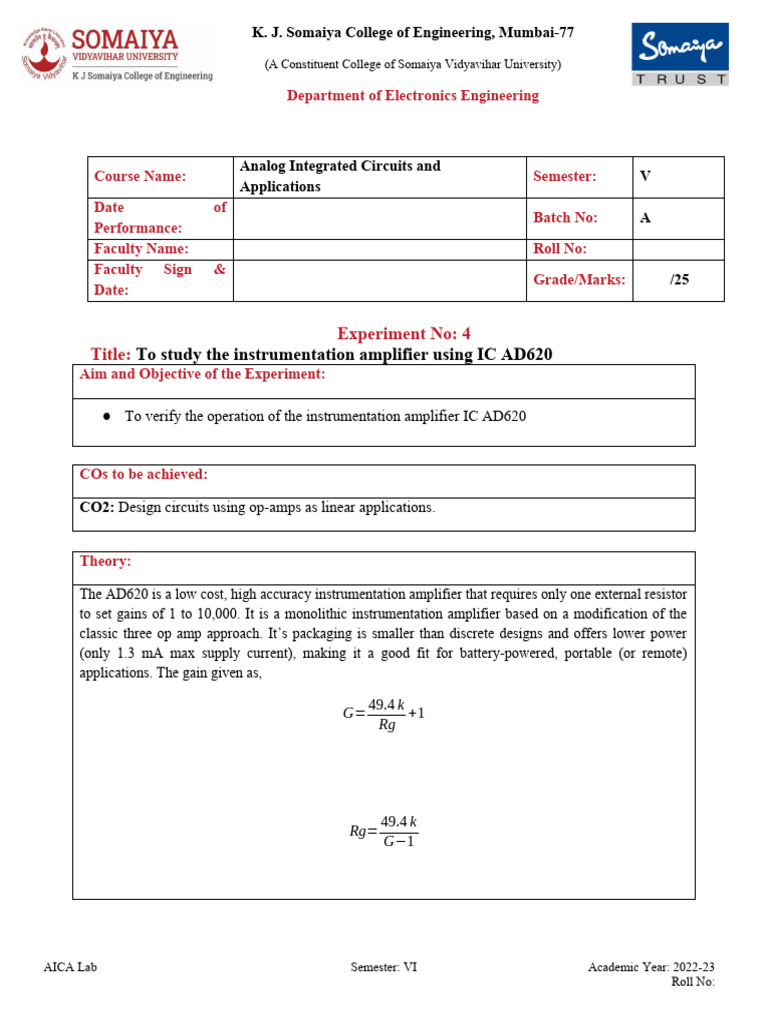 AICA Expt 4 | PDF | Operational Amplifier | Amplifier