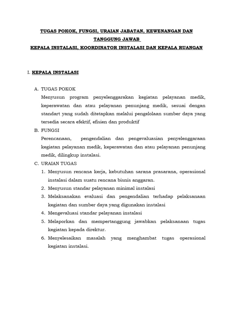 Tugas Pokok, Uraian Tugas, Kewenangan Dan Tanggung Jawab Ka Inst. Koordinator, Dan Kepala ...