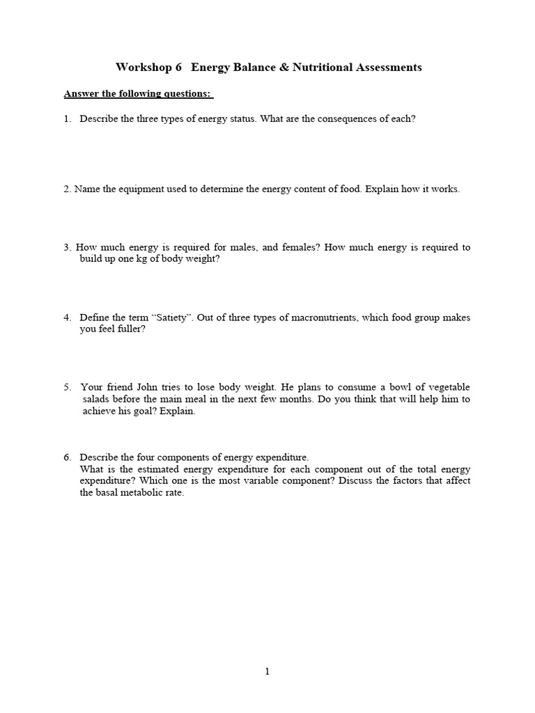 Workshop 6 Q's - Energy Balance & Nutr Assessment | PDF | Energy ...
