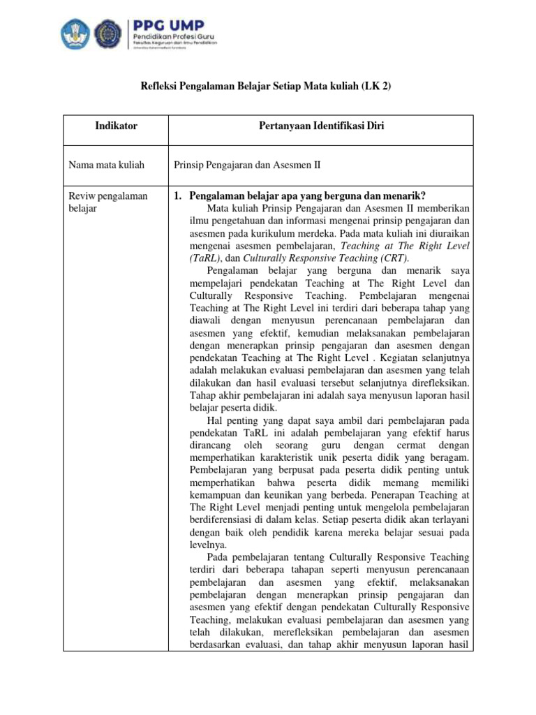 Jurnal Refleksi - Triyani - Prinsip Pengajaran Dan Asesmen II | PDF