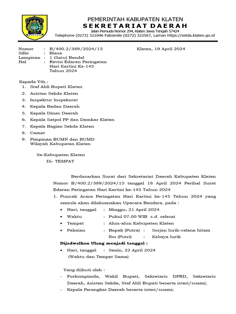 M Revisi Surat Edaran Hari Kartini (KOP SETDA) | PDF