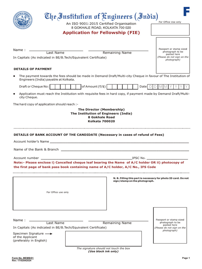 The Institution of Engineers (India) : Application For Fellowship (FIE ...