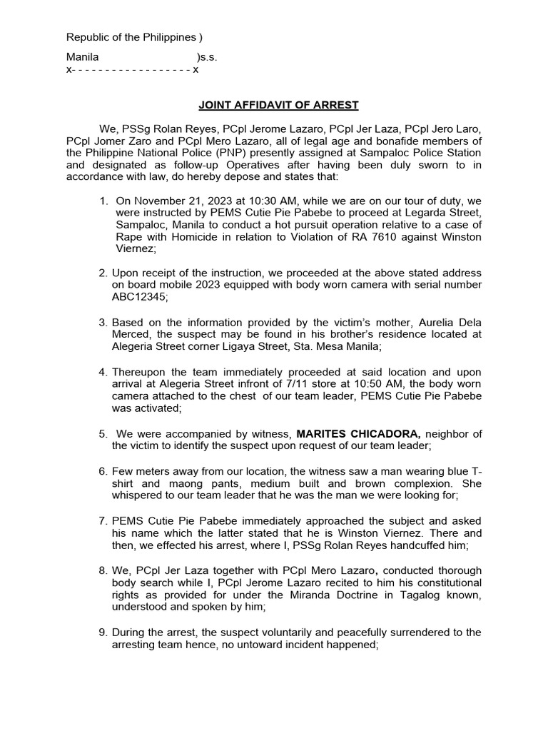 Joint Affidavit of Arrest | PDF | Affidavit | Legal Procedure