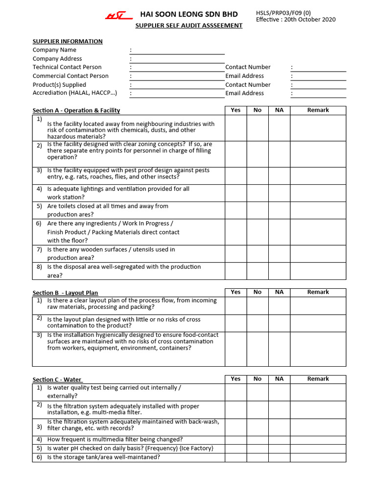 Supplier Self Audit Assessment Guide | PDF | Food Safety | Hazard ...