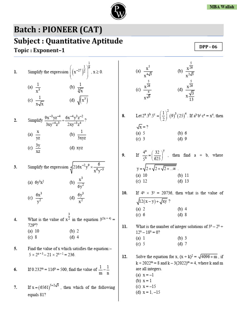 CAT Quantitative Aptitude Practice | PDF | Mathematical Analysis ...