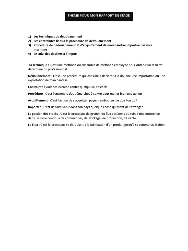 Thème de stage sur le dédouanement | PDF