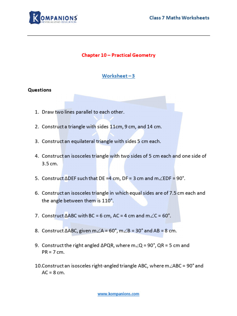 Class 7 Maths Chapter 10 Practical Geometry Worksheet 3 | PDF