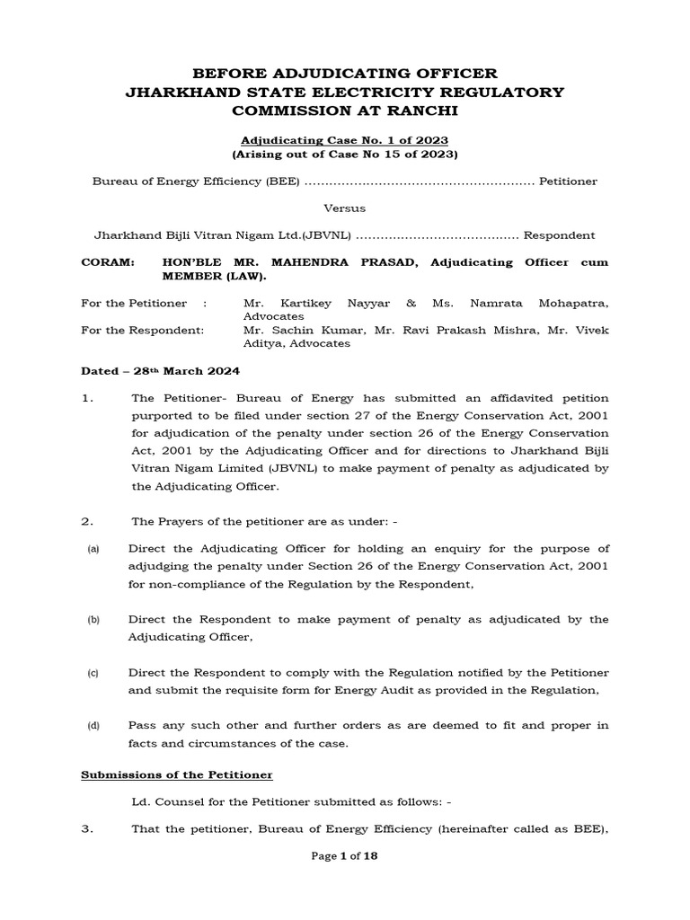 Before Adjudicating Officer Jharkhand State Electricity Regulatory ...