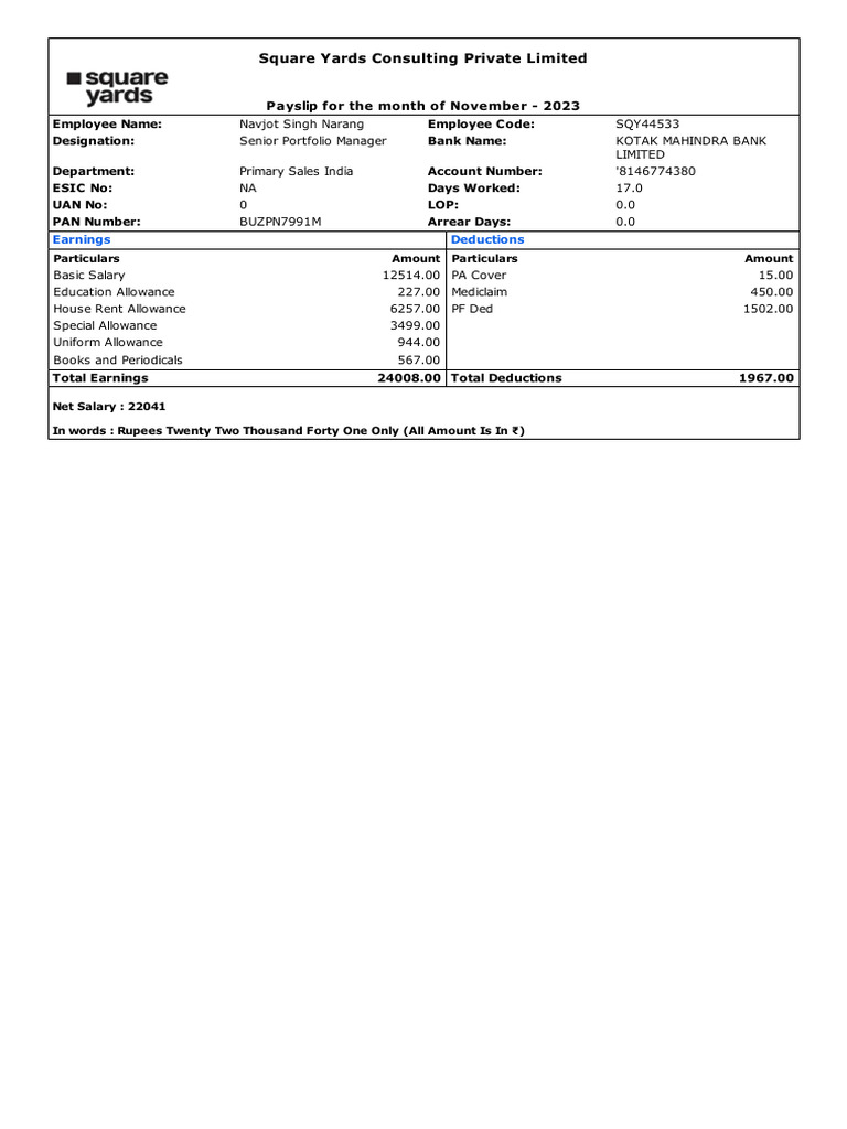 November 2023 PaySlip | PDF