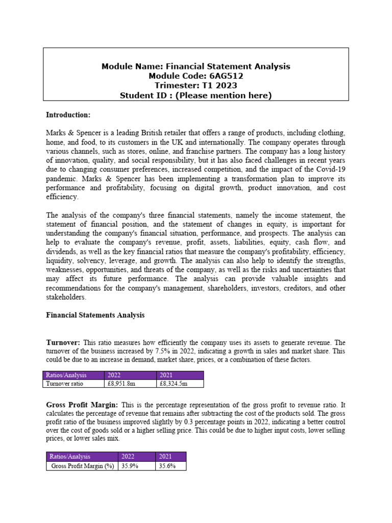 Financial Statement Analysis - Marks & Spencer | PDF | Dividend | Leverage (Finance)