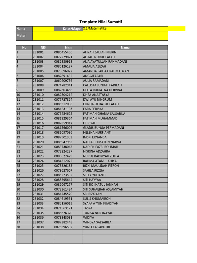 Template Nilai Sumatif Matematika X.1 | PDF