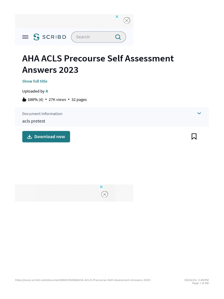 AHA ACLS Precourse Self Assessment Answers 2023 - PDF - Cardiopulmonary ...