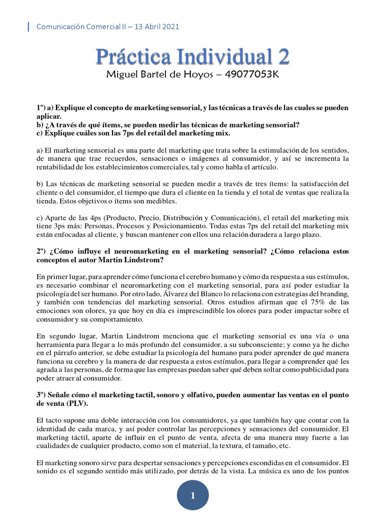 Cuestiones Práctica Individual Evaluable Nº. 2 | PDF | Marketing | Sentidos