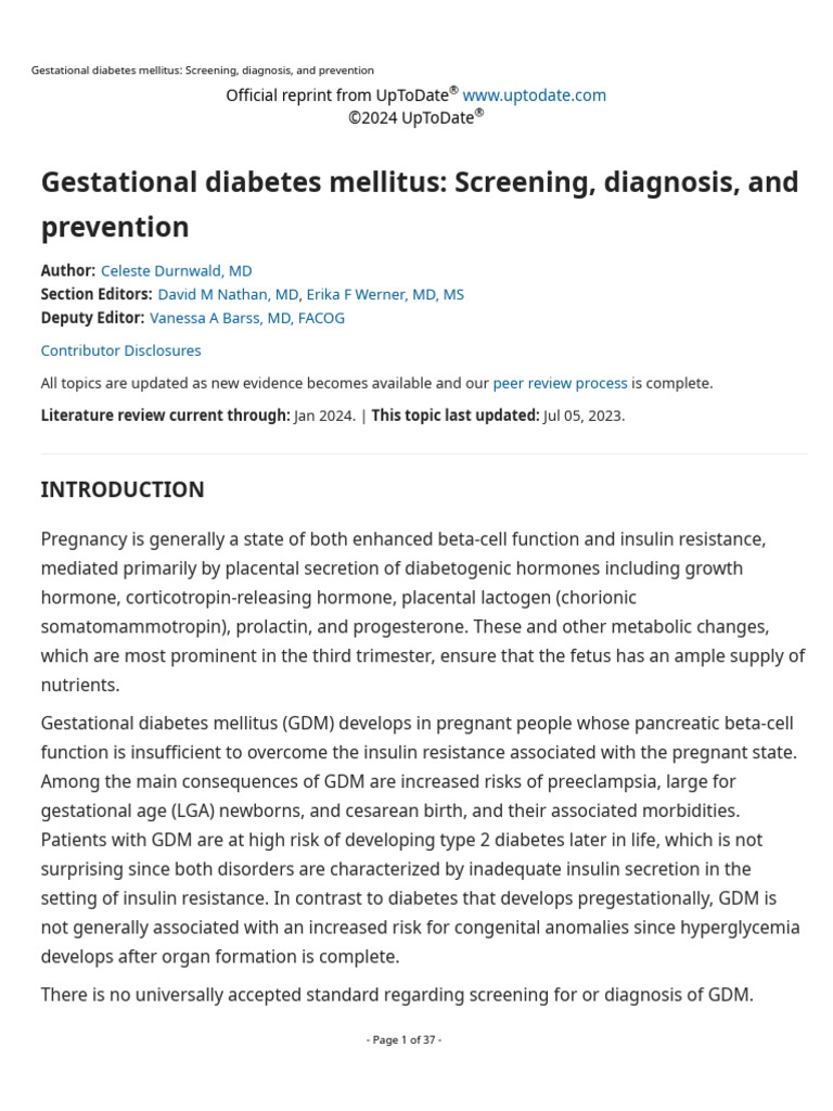 Gestational Diabetes Mellitus Screening, Diagnosis, and Prevention ...
