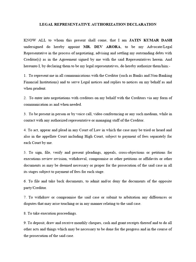 Legal Representatative Authority Letter | PDF | Advocate | Justice