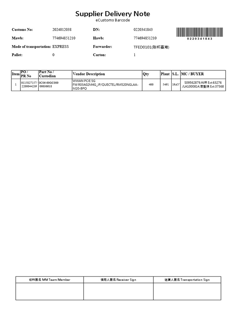 Supplier Delivery Note Details | PDF