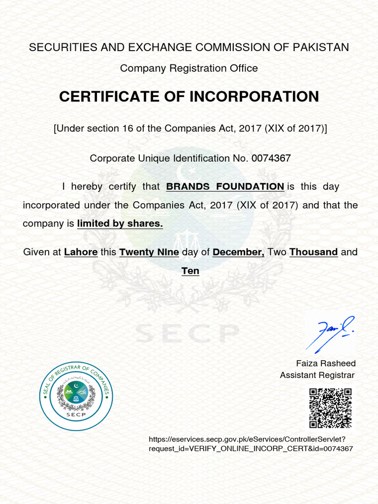 Certificate of Incorporation: Brands Foundation | PDF