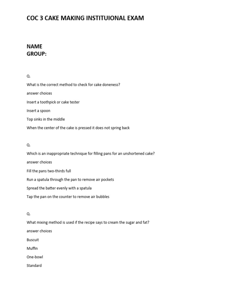 Cake Making Instituional Assessment | PDF | Cakes | Foods