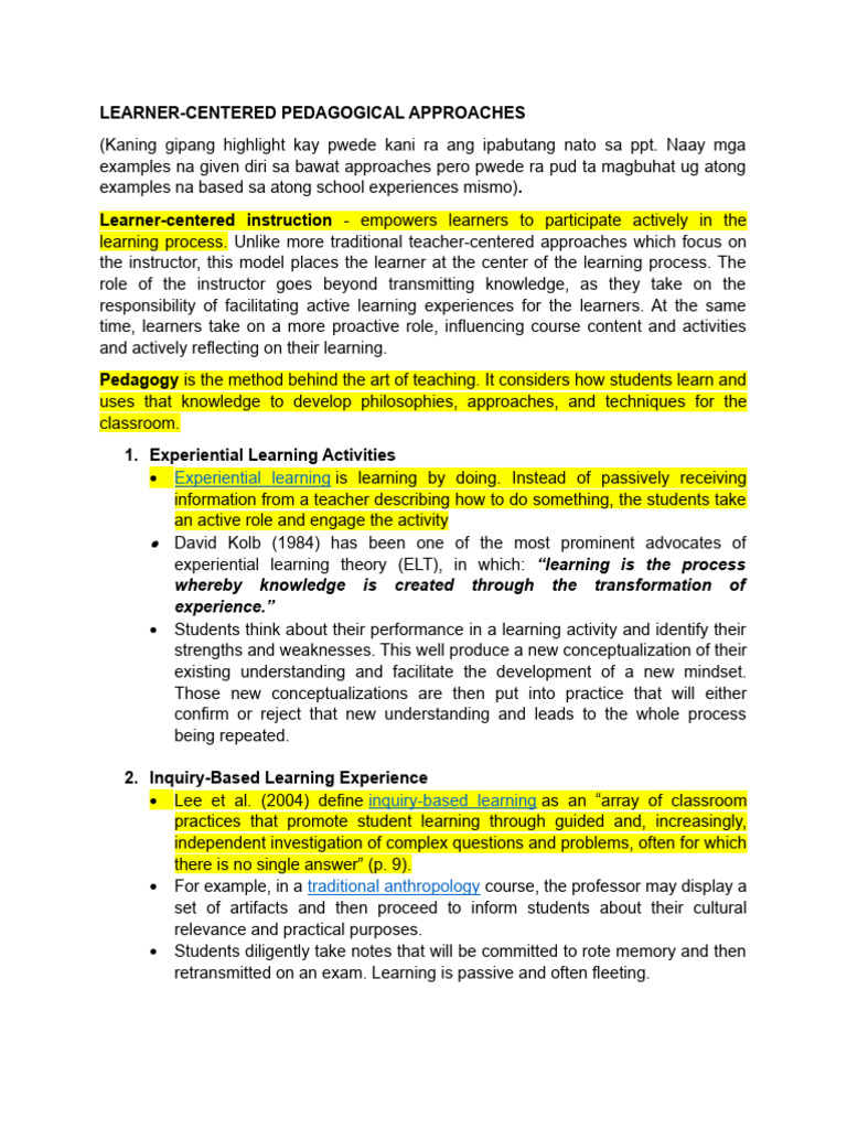 Learner-Centered Pedagogical Approaches | PDF | Learning | Service Learning