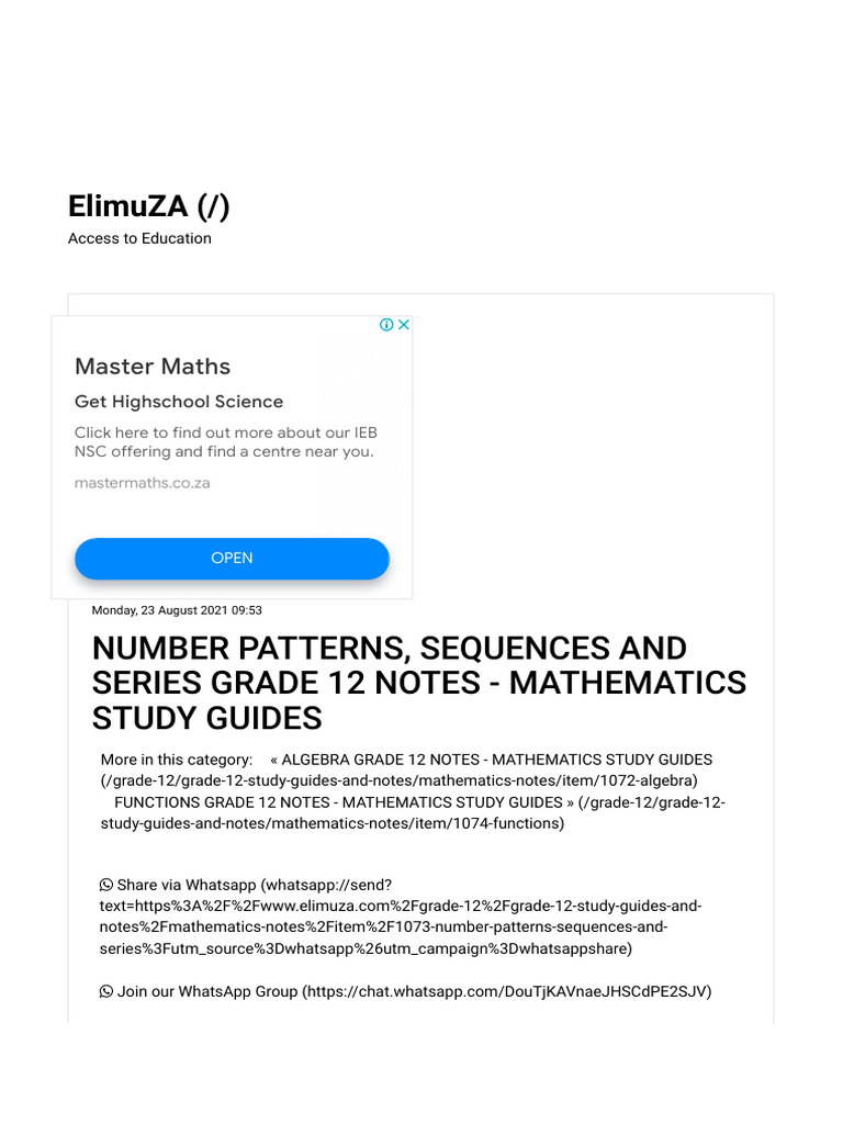 Number Patterns, Sequences and Series Grade 12 Notes - Mathematics ...