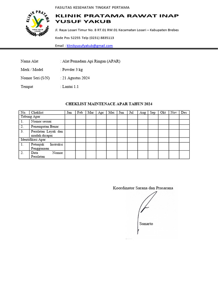 Checlist Pemeliharaan APAR | PDF