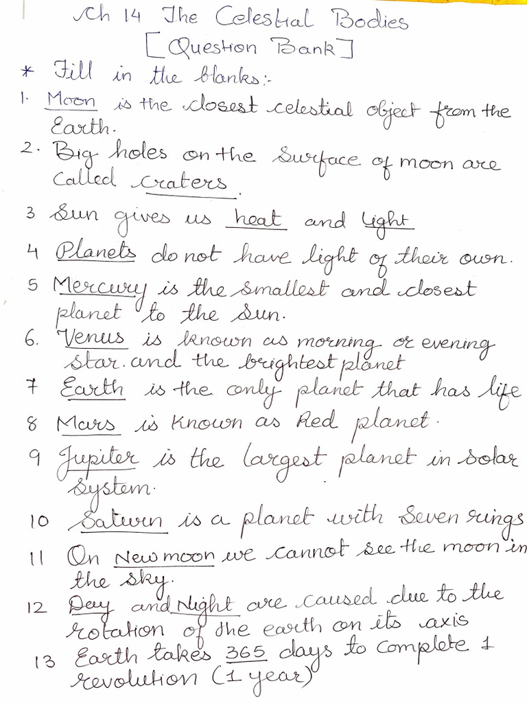 Celestial Bodies Question Bank | PDF
