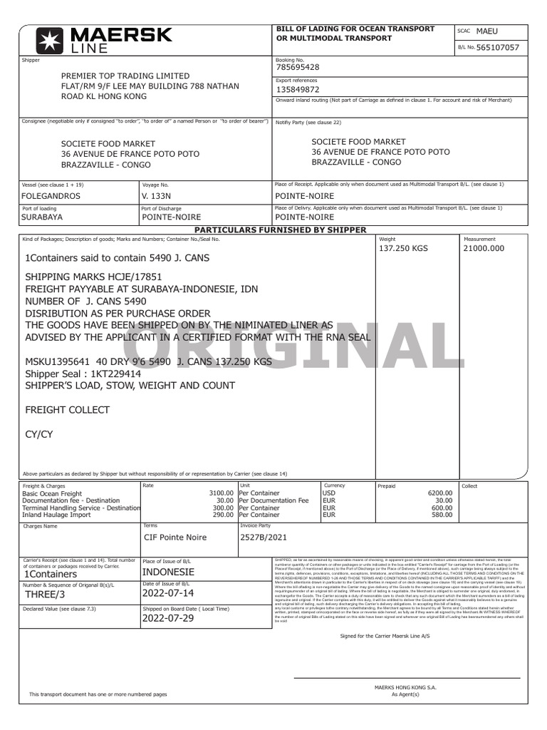 MAERKS | PDF | Bill Of Lading | Cargo