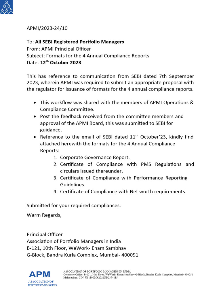 APMI Circular 10 - Formats of Annual Compliance Reports - 12th Oct'23 | Download Free PDF ...