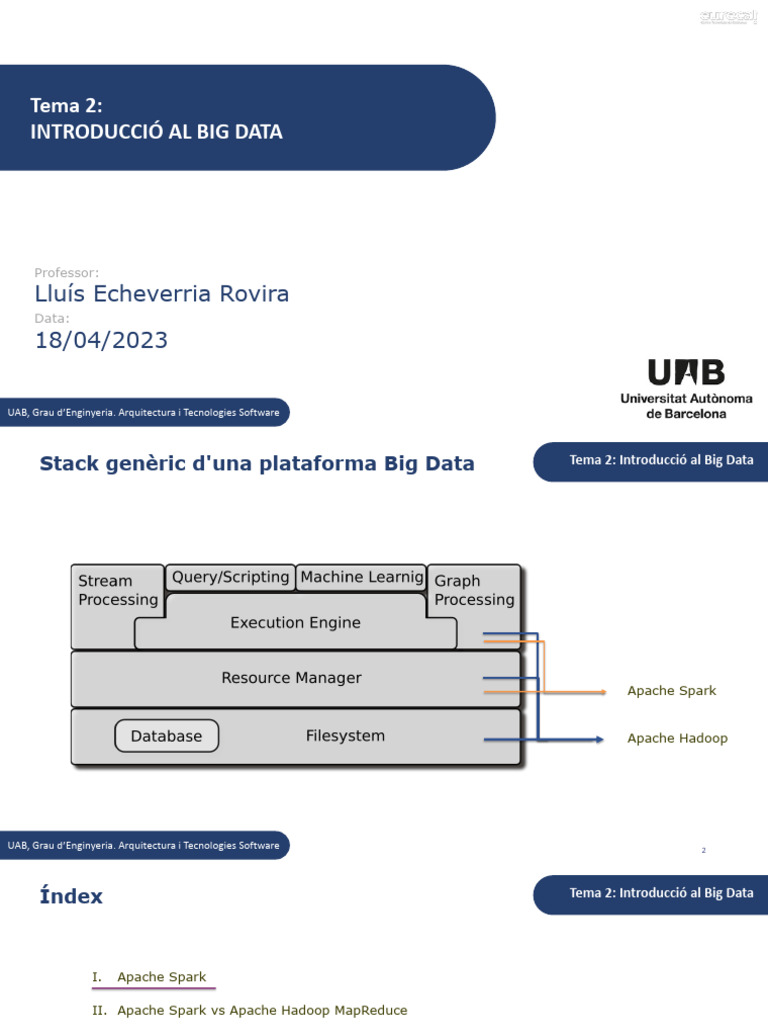 Tema 2. Sessió 3. Tecnologies Big Data Ecosistema Apache Spark | PDF