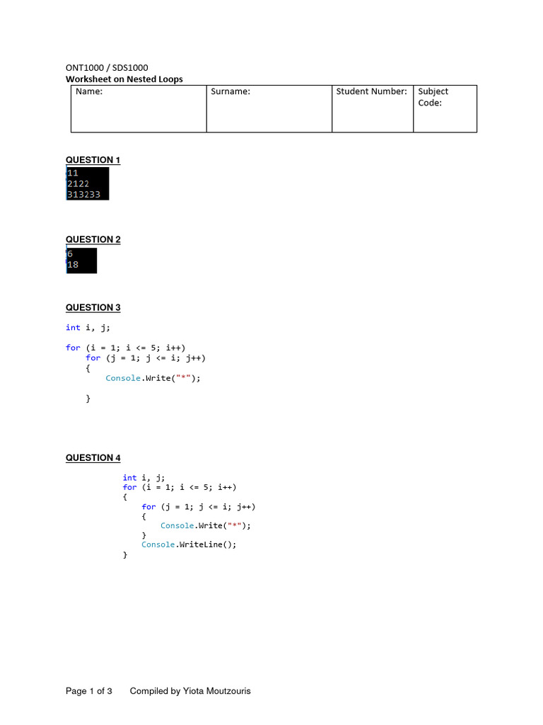 Worksheet On Nested Loops Solution Pdf Software Engineering Computer Programming