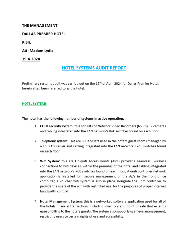Dallas Hotel Systems Audit Report | PDF | Computer Network | Wi Fi