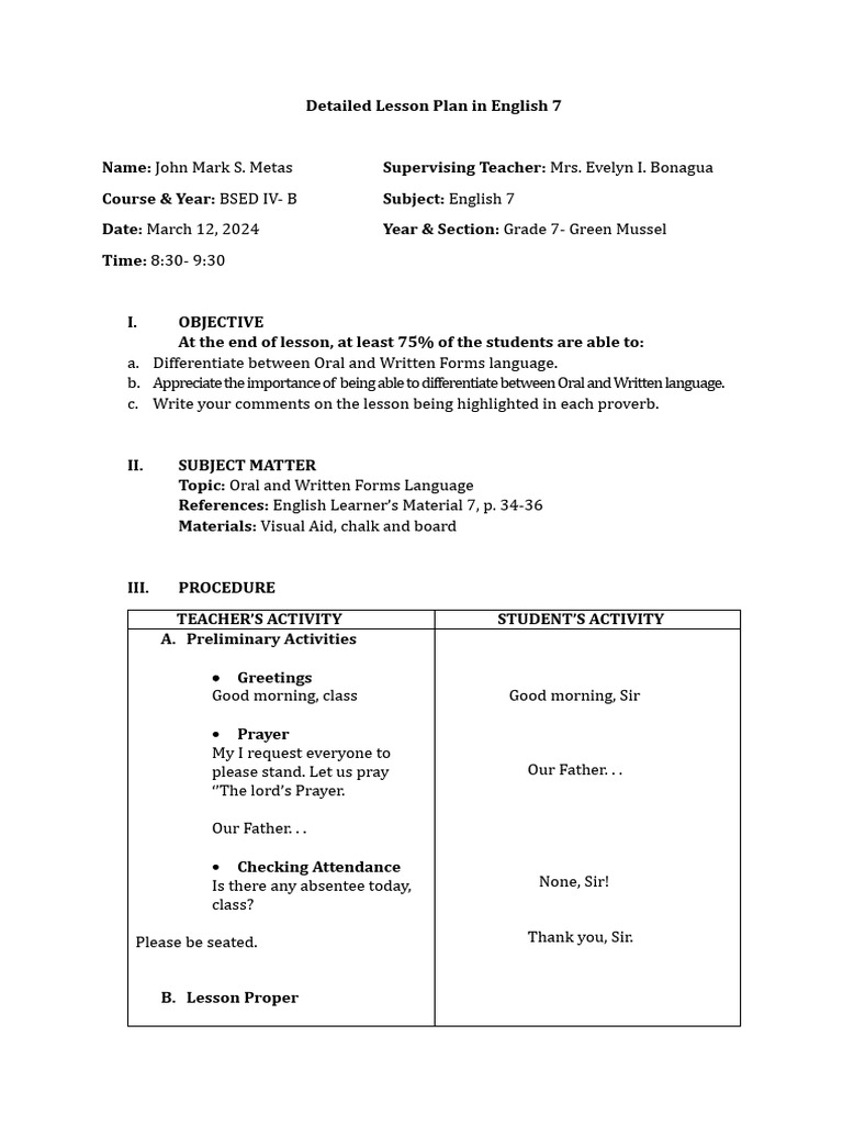 Detailed Lesson Plan in English 7.docx Oral and Written Langugae | PDF ...