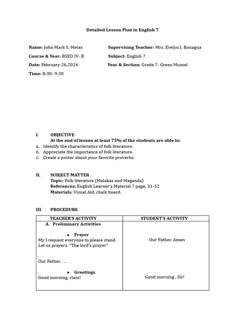 Detailed Lesson Plan in English 7.docx Folk Literature | PDF | Folklore ...