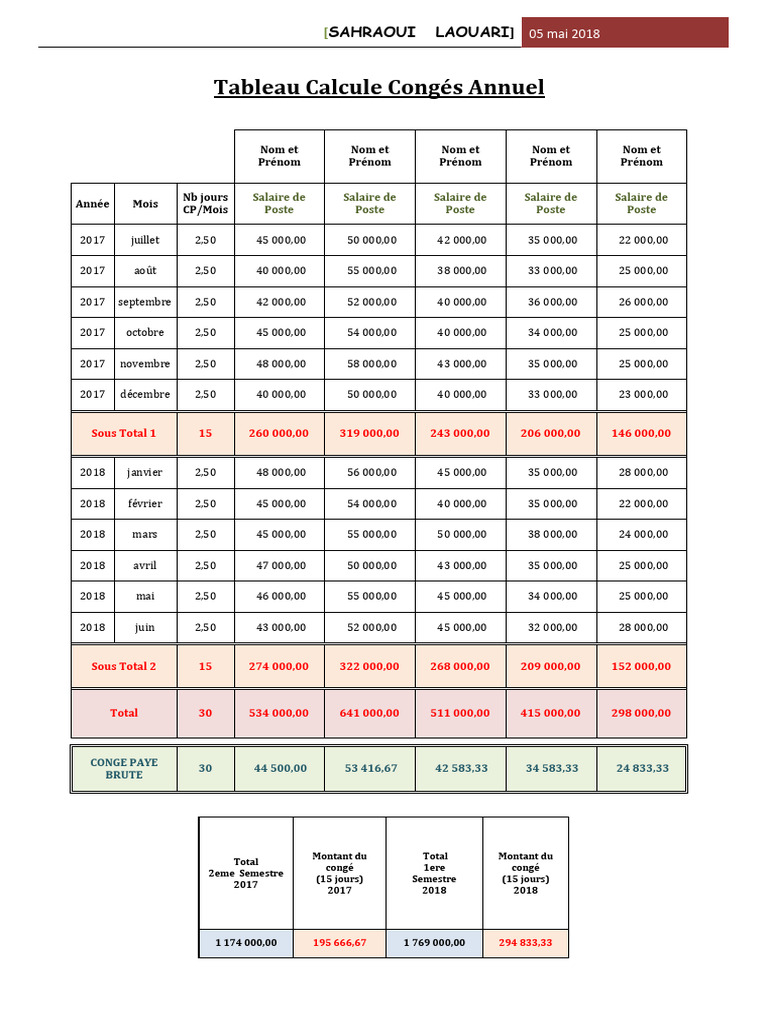 Tableau Calcule Congés Annuel | PDF | Impôt sur le revenu | Retraite