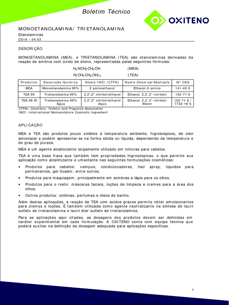 BT Trietanolamina - CS19 | PDF | Química | Compostos químicos
