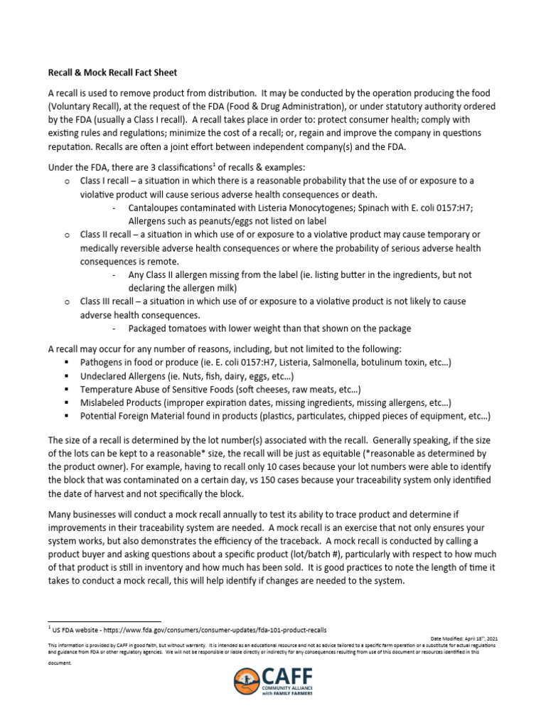 Recall Mock Fact Sheet 041821 | PDF | Food And Drug Administration ...