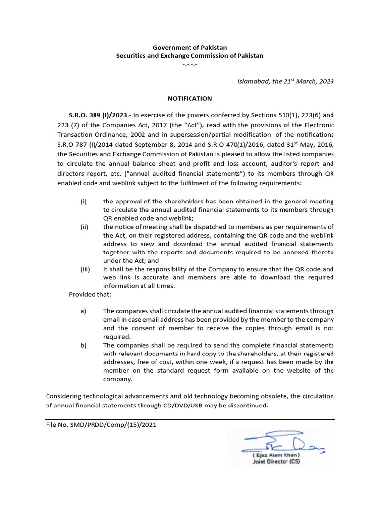 SECP SRO 389 of 2023 (SRO 787 - 14 & SRO 470 - 16) Transmission of ... SECP SRO 389 of 2023 (SRO 787 - 14 & SRO 470 - 16) Transmission of ...