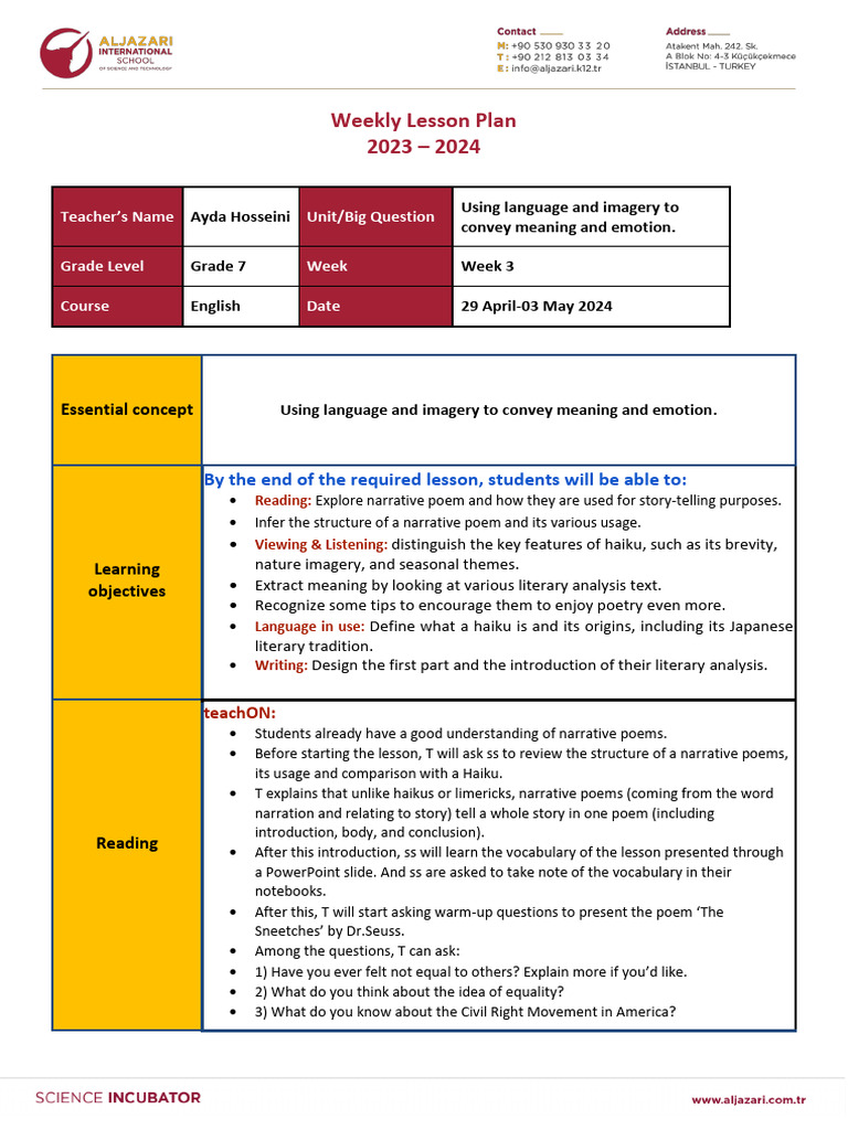 Grade 7 English Weekly Lesson Plan | PDF | Poetry | Haiku