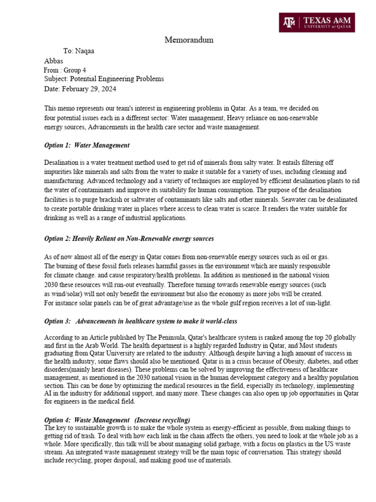 Group Memo 2 | PDF | Desalination | Waste Management