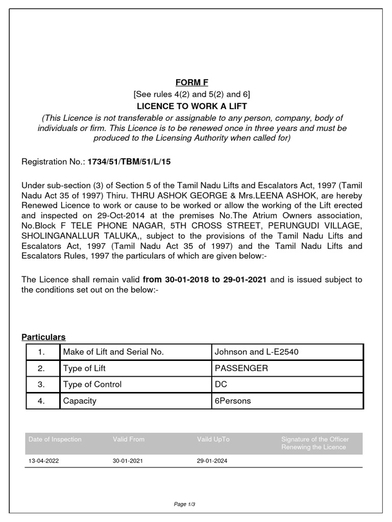 Form F - F-BLOCK | PDF | License | Elevator